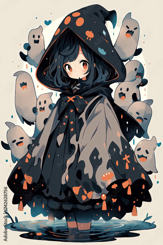 Kid girl dressed in witches costume stands amidst group of ghostly ...