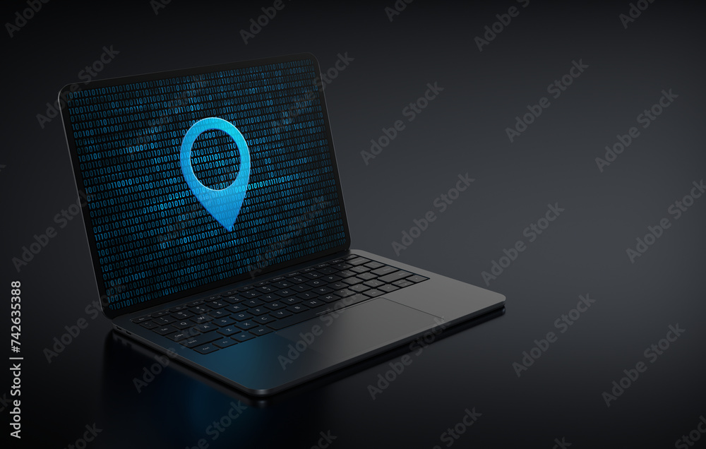 Laptop device in the left side positioned diagonally with Location pin ...