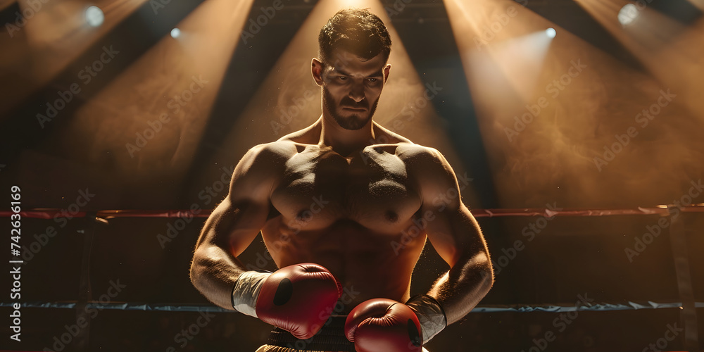 A focused male boxer, with gloves on, is captured in a dynamic boxing ...
