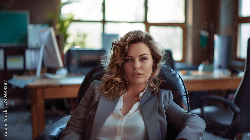 Confident female CEO with curly hair seated in a leather office chair ...