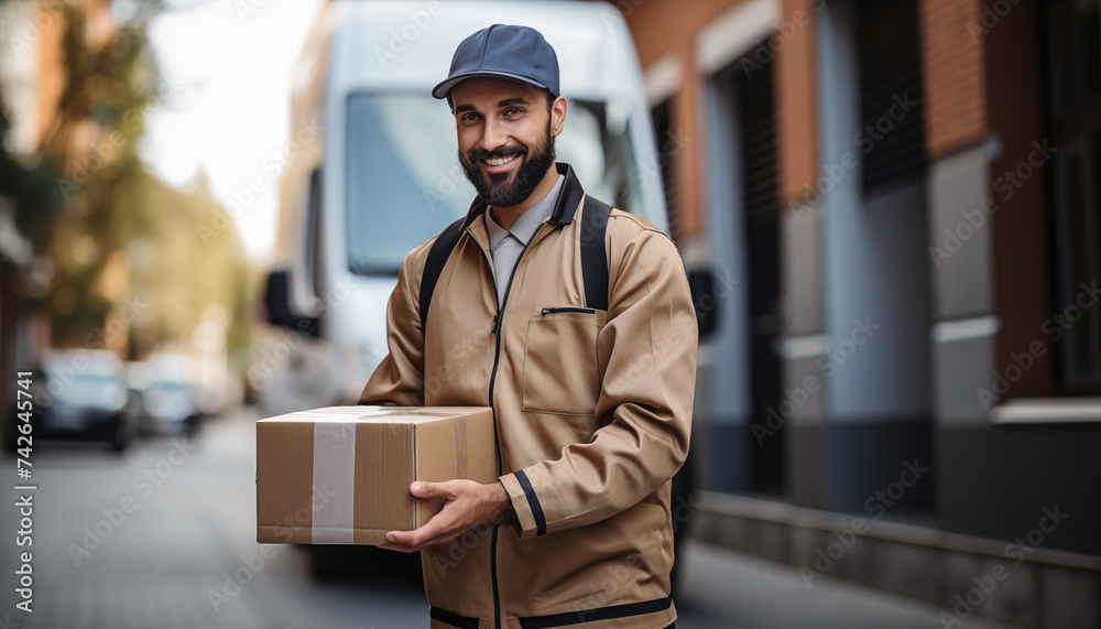Repartidor feliz llevando paquetes mientras hace la entrega a domicilio ...