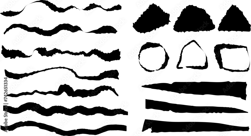 Collection of torn paper pieces. Black square frames with Irregular ...