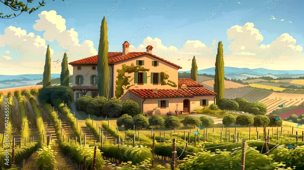 A rustic Tuscan farmhouse nestled amidst vineyards. Fantasy landscape ...