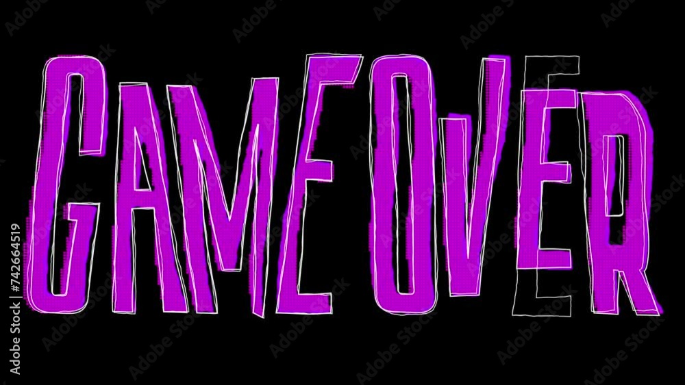 Cartoon pink scribble style Game Over typography sign on a black ...