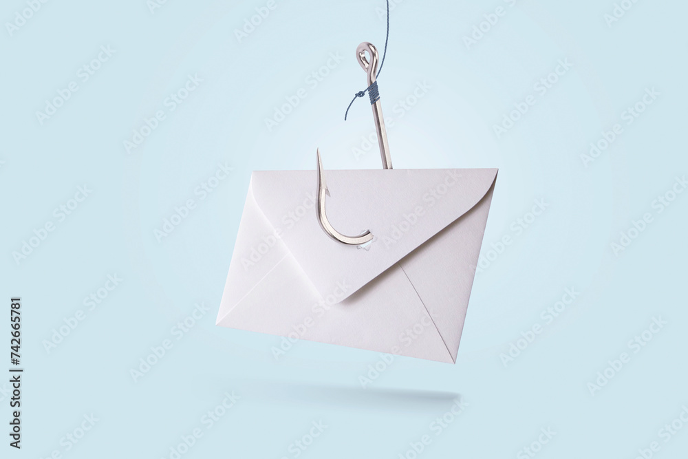 Paper mail letter with metal hook on blue pastel background, concept ...