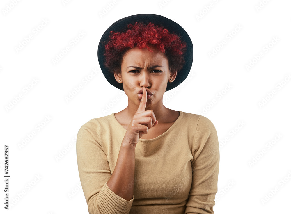 Secret, finger to lips and woman in portrait for drama, private or ...