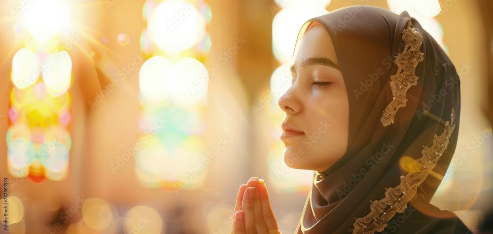 muslim young woman prayer with hijab. behind blur mosque background ...
