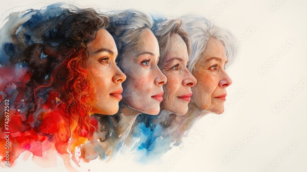 Watercolor painting of women's faces in profile, showing aging ...