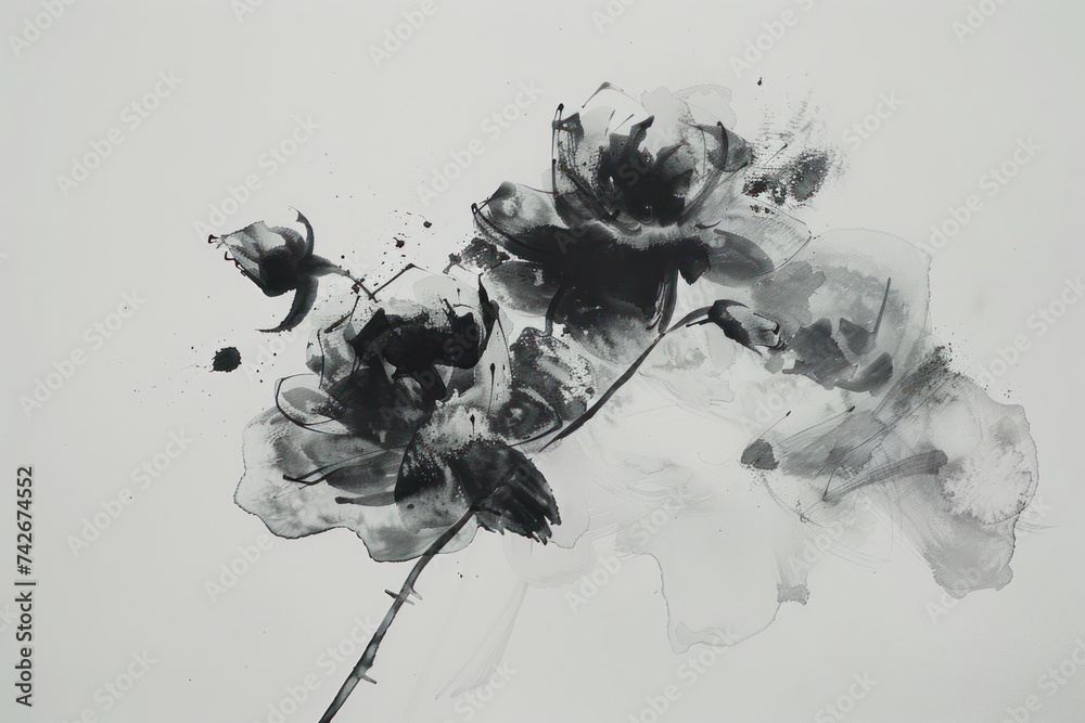 Abstract black rose with smoke effect. White background. Japanese ink ...