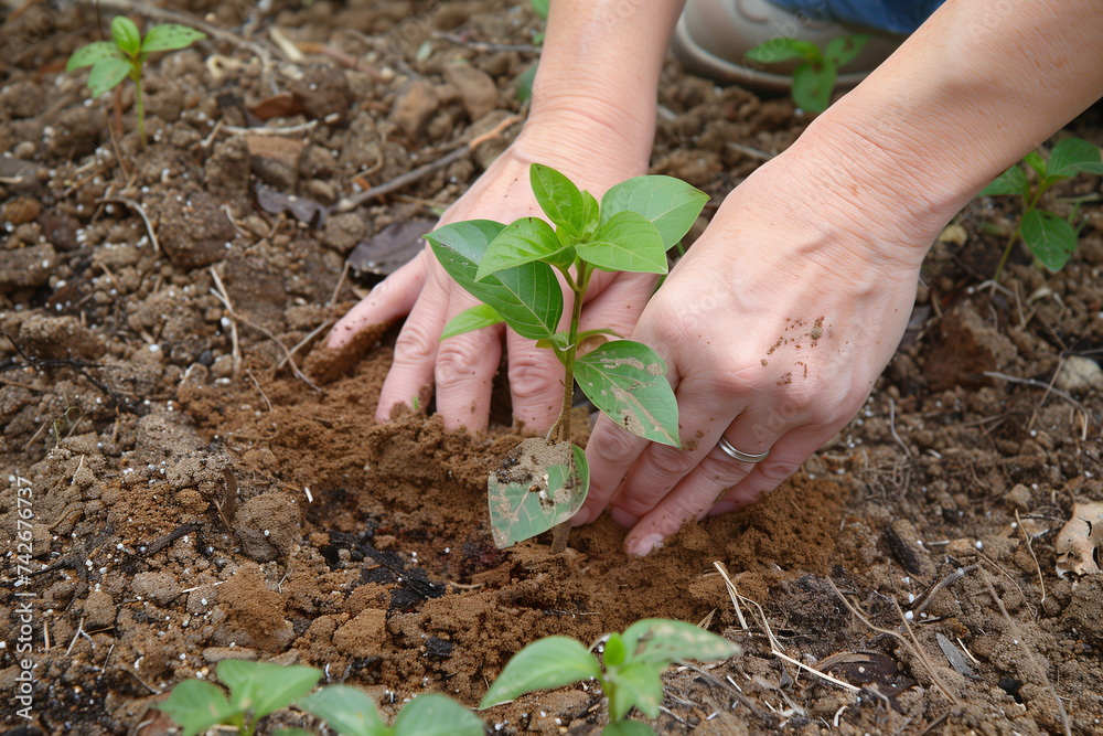 Close-up of a hand planting a young tree, soil and sapling, action and ...