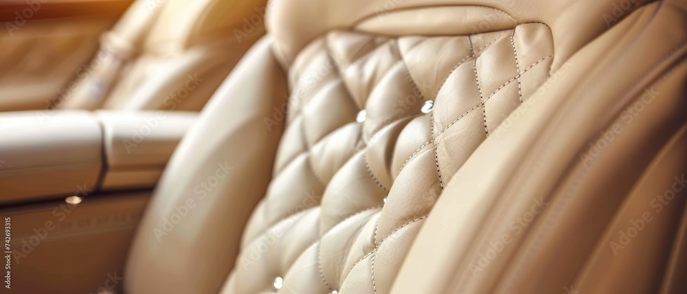 The quilted leather seat of a luxury car oozes elegance, with a focus ...