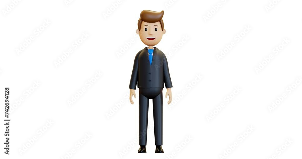3D animation. Businessman in a suit. The office worker spreads his ...