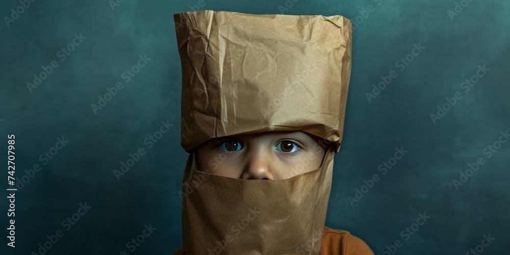 A child, with a paper bag over his head, is seen in a scene that ...