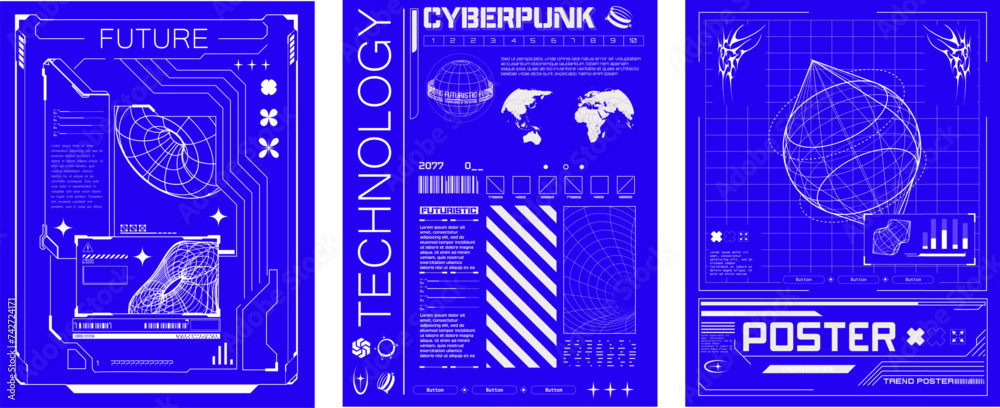 Futuristic Cyberpunk Blueprint Posters with Global Technology Themes ...