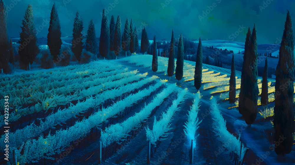 italian vineyard with cypress trees, bioluminescent, landscape ...
