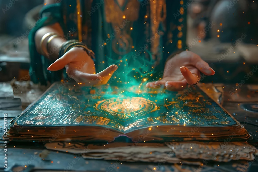 Hands hovering over an open book with glowing runes and mystical energy ...