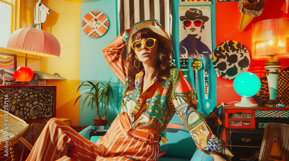 Retro Seventies Fashion and Home Decor with Stylish Woman in Vintage ...