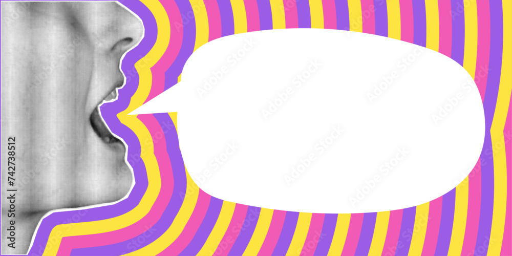 Bright template for a banner in retro style. Halftone collage element ...