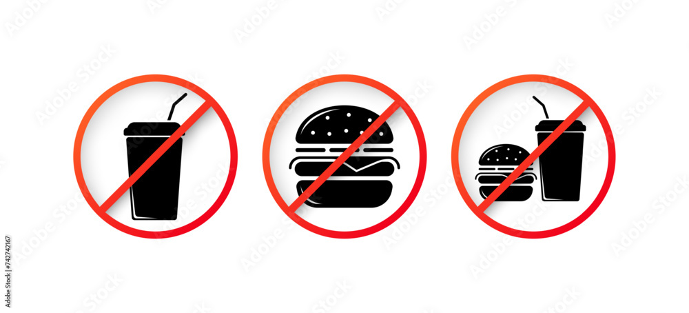 Fast food is prohibited icons. Drink and burger ban icons. Silhouette ...