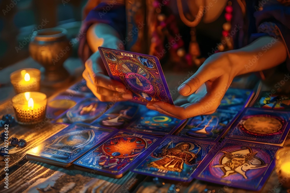 Fortune teller,Hands selecting a card from a vibrant tarot spread ...