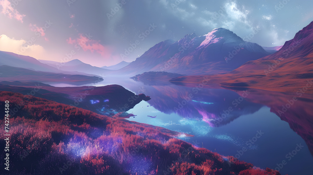 scottish highlands with heather and lakes, bioluminescent, landscape ...