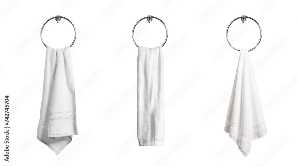 Hanged White towel in a round chrome towel holder. Isolated transparent ...