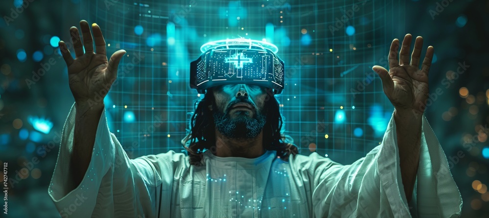 Jesus Christ using virtual reality headset. Fictional character. Modern ...