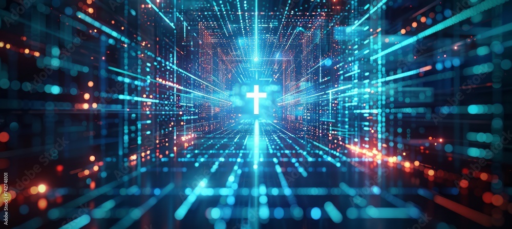 Digital virtual space portal with Jesus Cross symbol. Generative AI ...