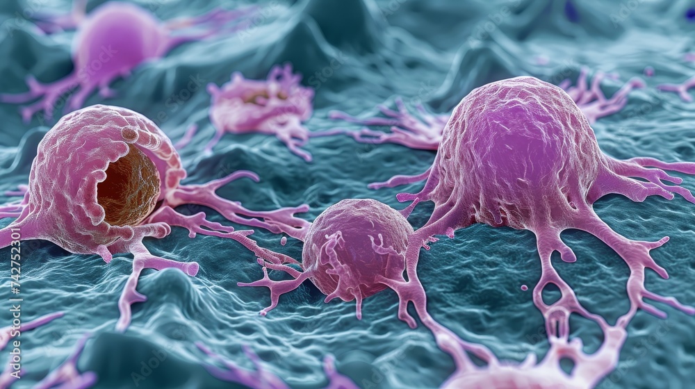 A 3D microscopic visualization of cancer cells extending pseudopodia on ...
