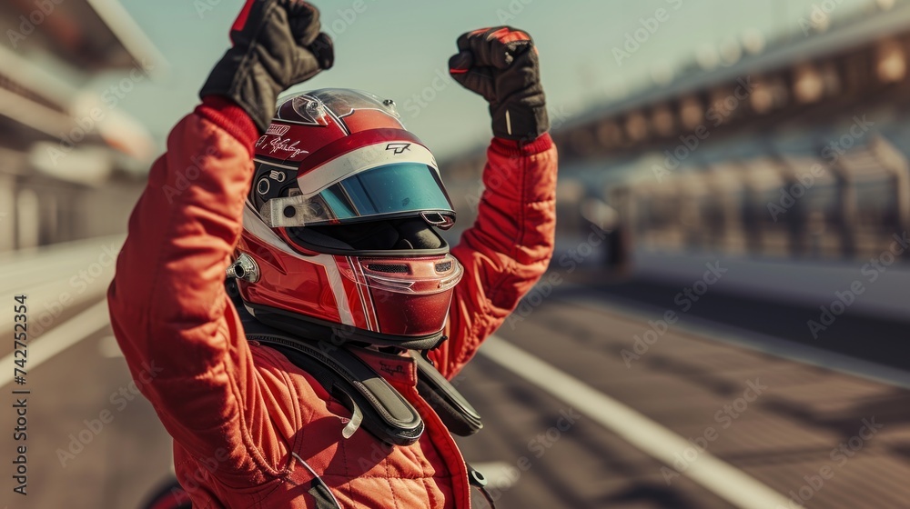 Formula one race car driver wearing a helmet, cheering with a fist in ...
