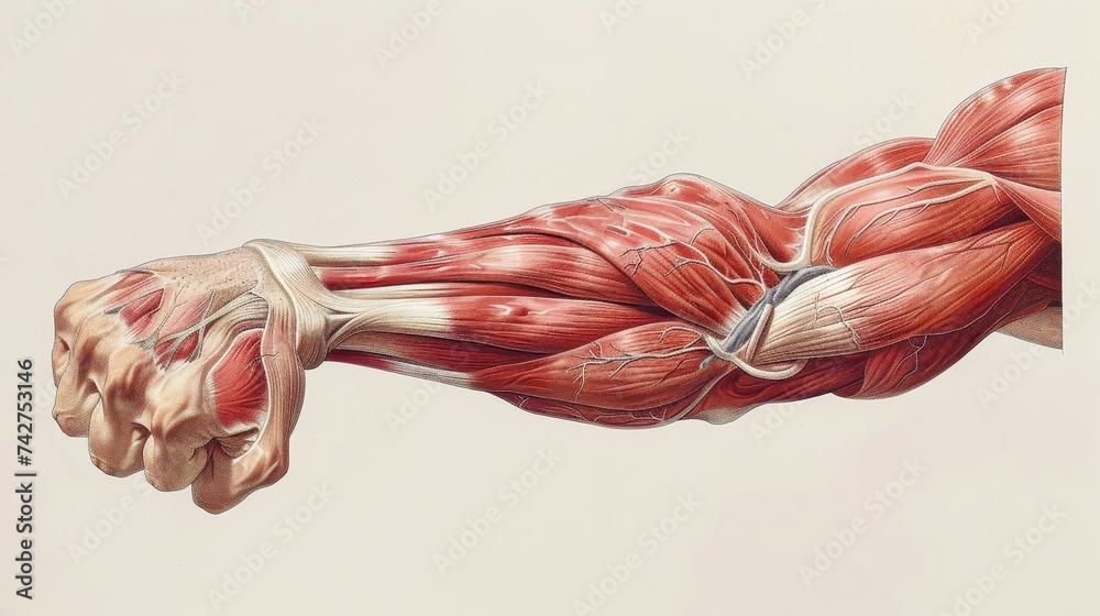 Vintage anatomical drawing of the muscles of the human arm, showcasing ...