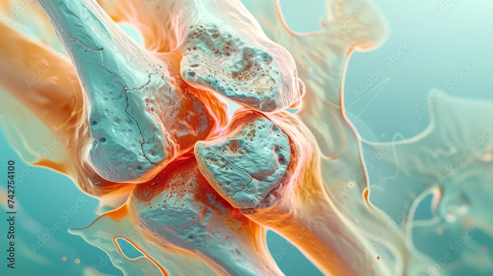 A detailed 3D illustration focusing on arthritis in a synovial joint ...
