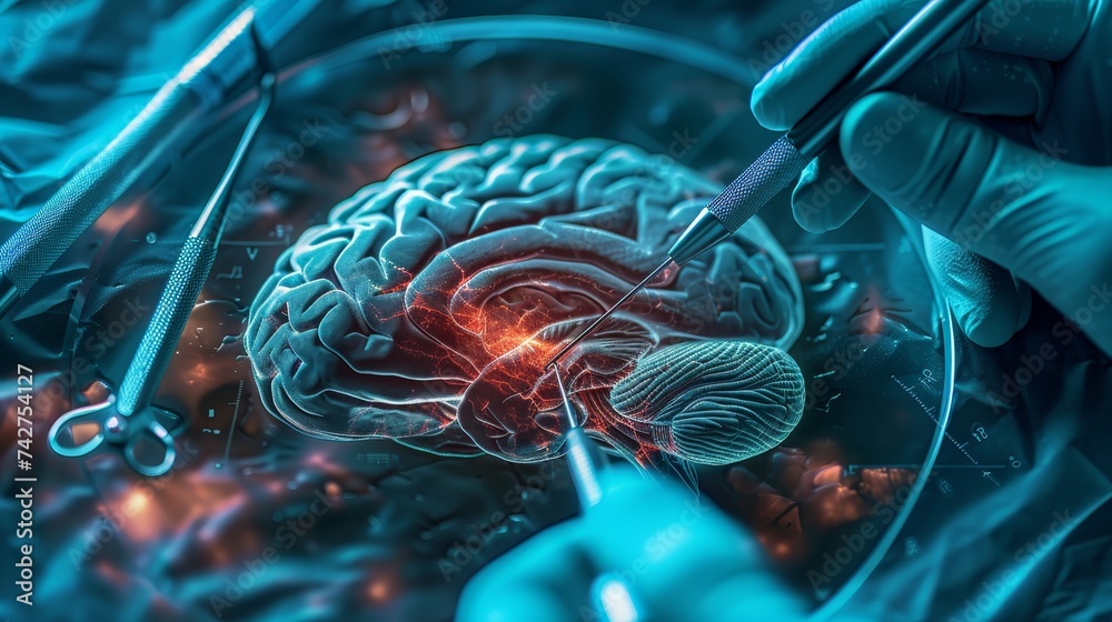 A high-tech neurosurgical operation is underway, with surgeons ...