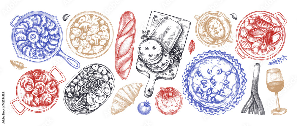 French cuisine dishes vintage drawings collection. Traditional food ...