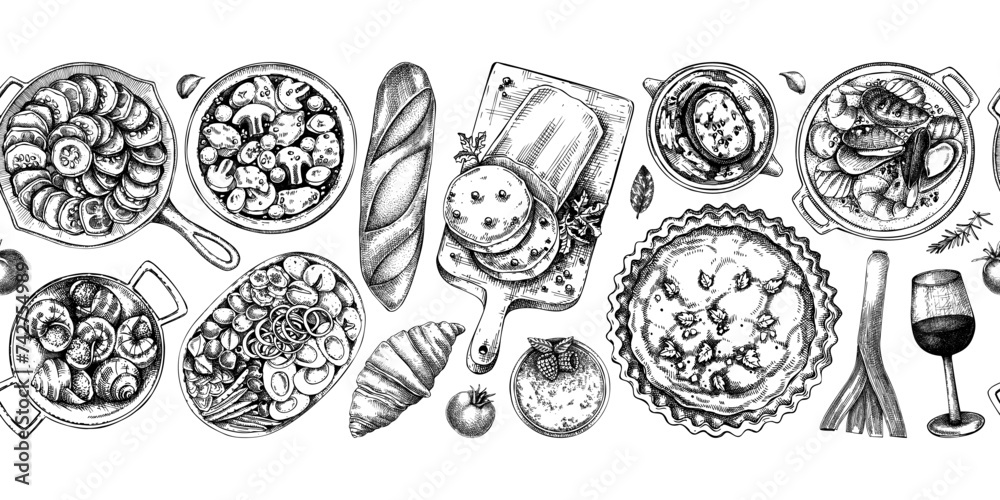 French cuisine dishes vintage drawings collection. Traditional food ...
