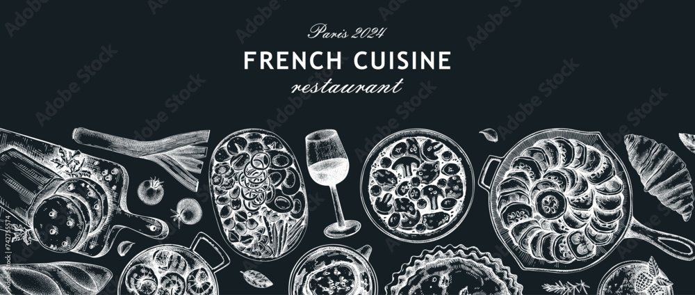 French cuisine restaurant banner. Traditional food from France sketches ...