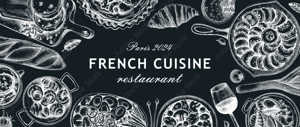 French food background on chalkboard. Traditional food from France ...
