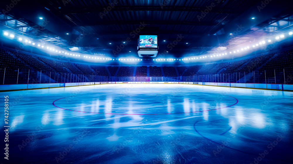 Hockey rink with large screen in the middle of the rink and lights on ...