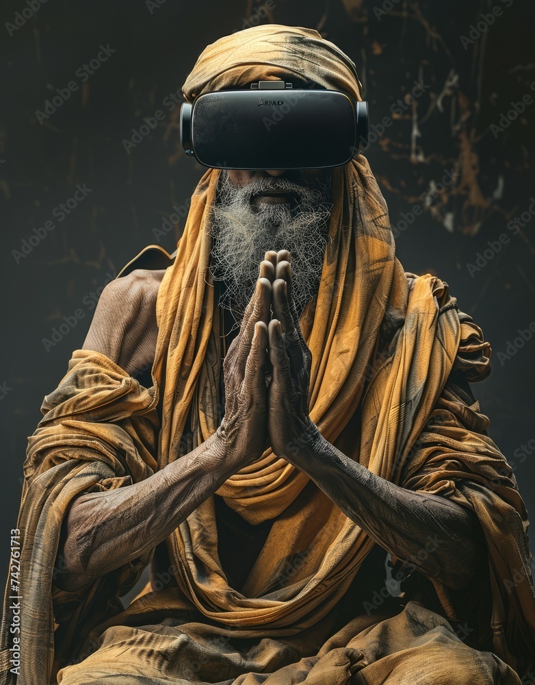 Hindu monk priest using VR headset. Fictional character. Modern ...