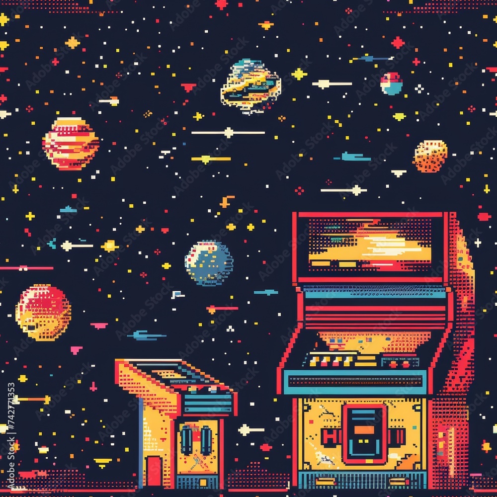 Retro 80s arcade games pixelated for nostalgic clothing lines Stock ...