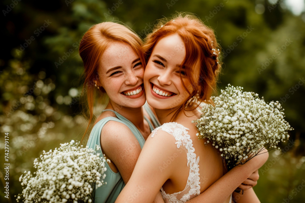 Bridesmaid with gypsophila bouquets hugs and smile with beautiful happy ...