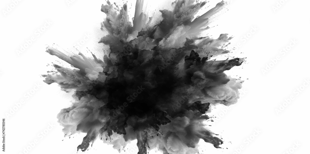 Black powder explosion with dark colors isolated white background ...
