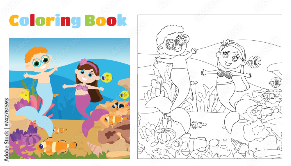 Coloring page. Underwater scene. Mermaids girl and boy with tropical ...