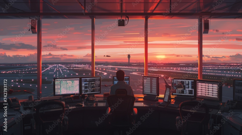 Air traffic control room during sunset with panoramic view of the ...