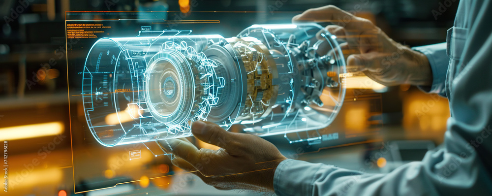 An engineer designs 3D engines, analyzes prototypes using an Augmented ...