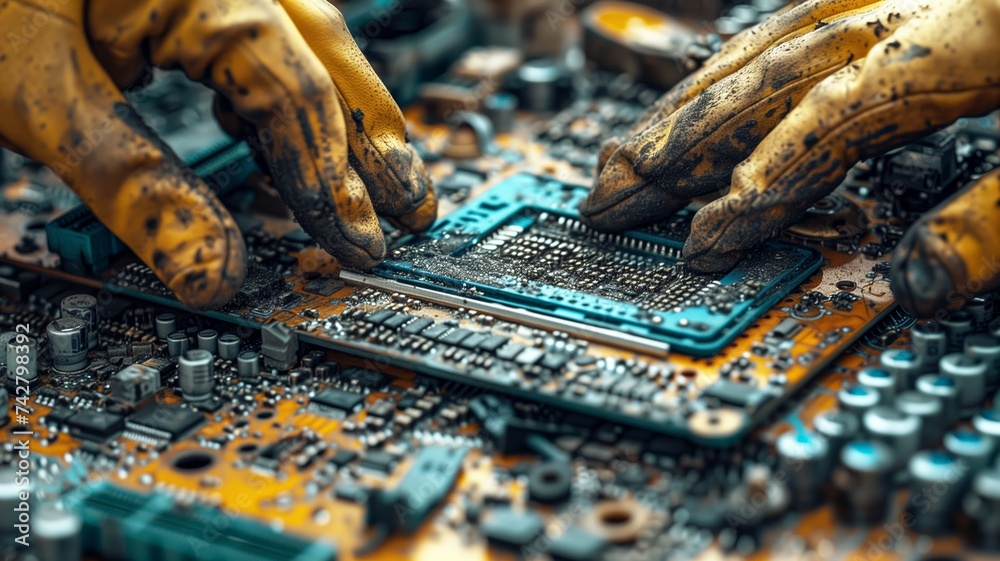 Disassembling Components in E-Waste Recycling Process. Close-up of a ...