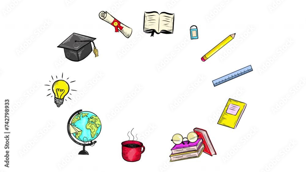 Animated hand drawn education round frame template Isolated on white ...