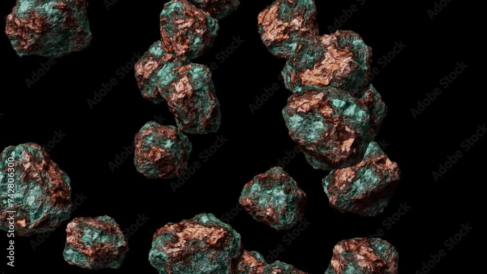 Realistic looping 3D animation of the copper ore chunks falling from ...