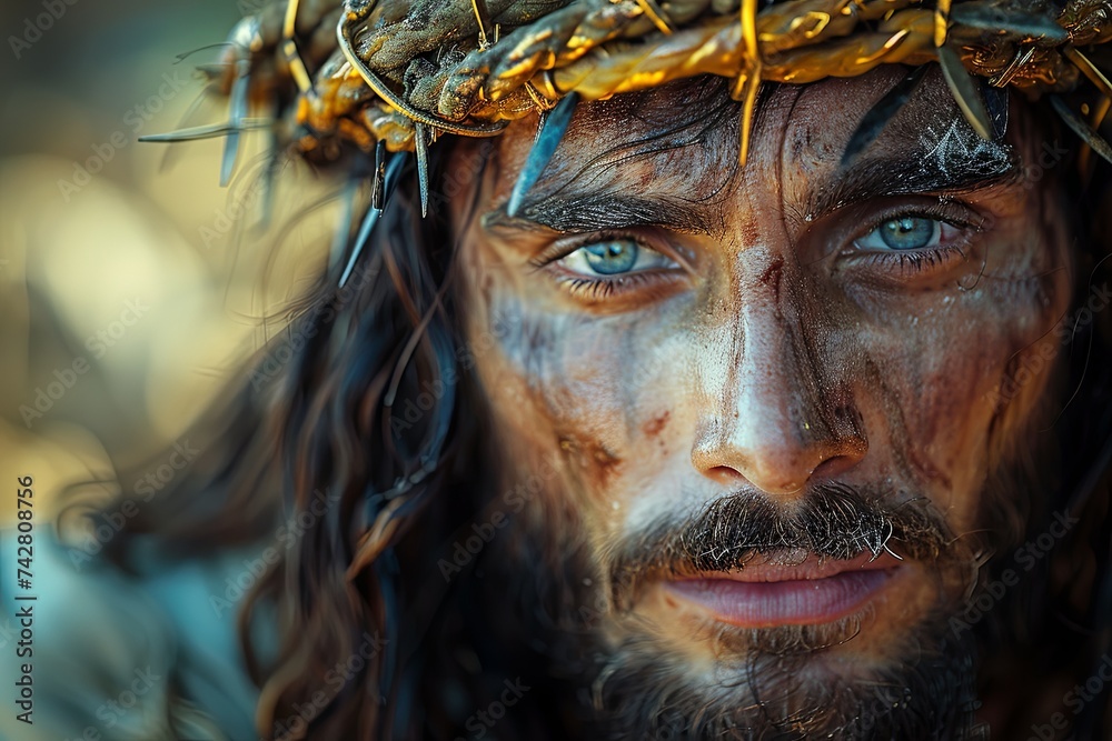 jesus the prophet standing with crown of thorns, in the style of lens ...
