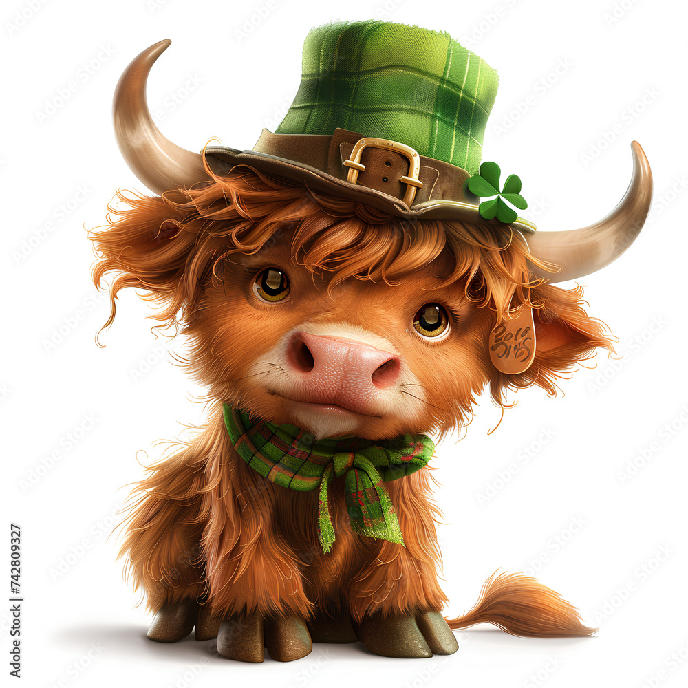 Cute cartoon highland cow in a leprechaun's hat isolated on white ...